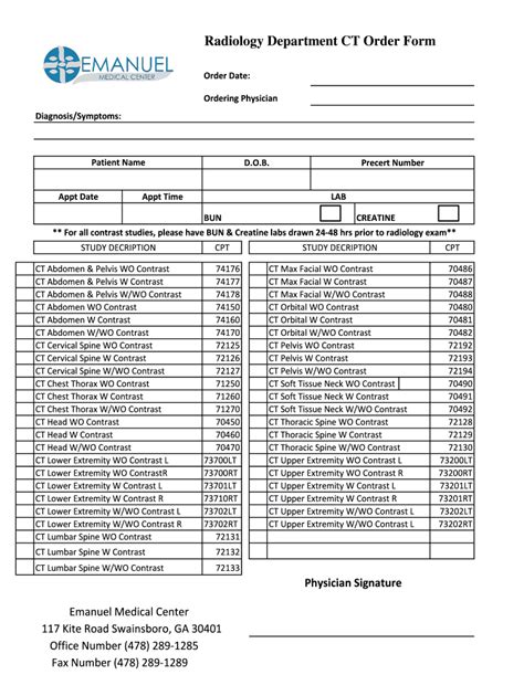 Fillable Online Emanuelmedical Radiology Department Ct Order Form