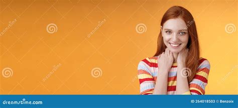 Pleased Happy Tender Feminine Redhead Gorgeous Girl Blushing Flirty Giggle Gazing Camera Smiling