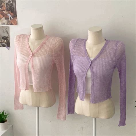 비치웨어휴양지필수 파스텔 썸머 물결 여리여리 시스루 토닉 크롭 바캉스 간절기 긴팔 가디건 에이블리