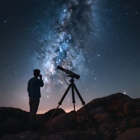 A Person Using A Telescope To Observe The Stars And Plane One Generative Ai Stock Illustration