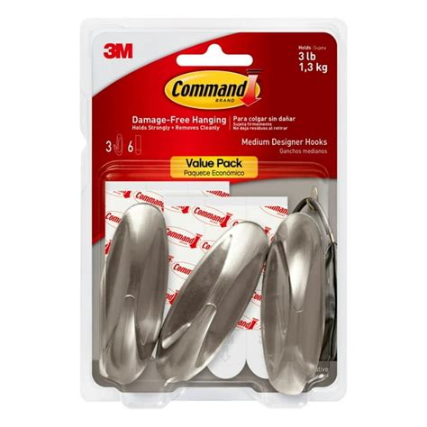 Command Designer Hooks Medium Brushed Nickel 3 Hooks 17081bn 3es