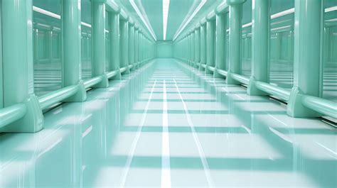Premium Photo Futuristic Mint Green Corridor With Glossy Floors And Symmetrical Pillars