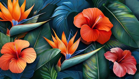 Vibrant Tropical Flowers Background Hibiscus Bird Of Paradise