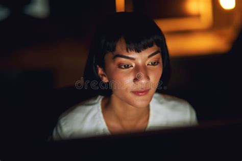 Computer Face And Night With Woman In Web Development Office For Project Deadline Or Shift Work
