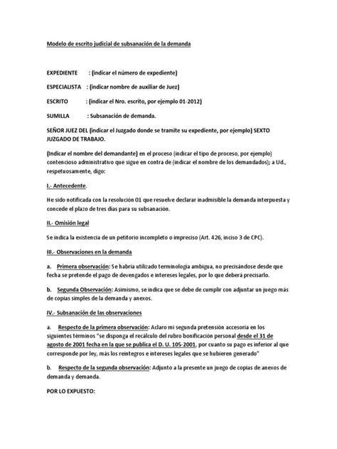Modelo De Escrito Judicial De Subsanación De La Demanda Pdf