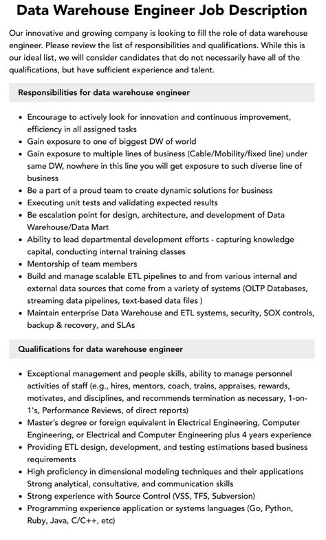Data Warehouse Engineer Job Description Velvet Jobs