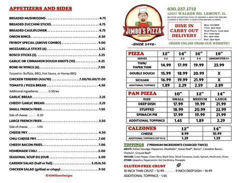 Menus Jimbos Pizza