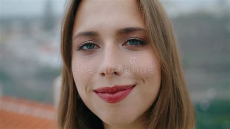 Portrait Girl Posing European Old Town Alone Smiling Tourist Enjoying