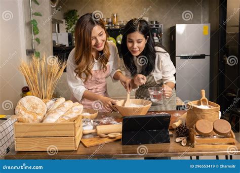 Asian Woman Learn To Bake The Bakery From Tablet Stock Image Image Of