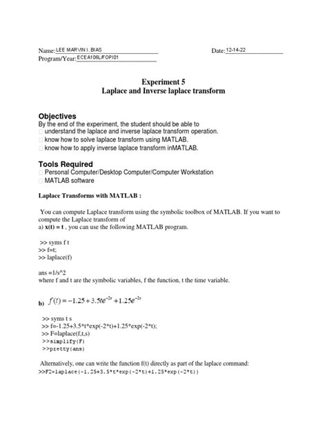 Experiment 5 Laplace And Inverse Laplace Transform Pdf Laplace