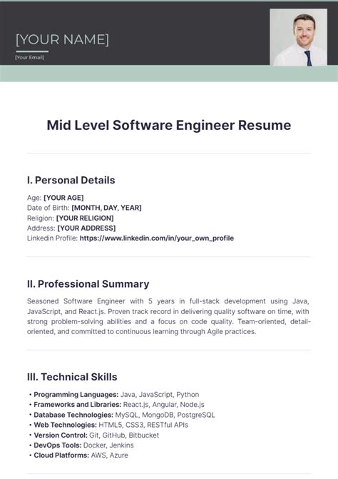 Free Mid Level Software Engineer Resume Template To Edit Online