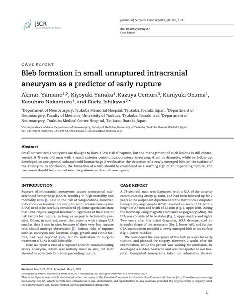 Pdf Bleb Formation In Small Unruptured Intracranial Aneurysm As A Predictor Of Early Rupture