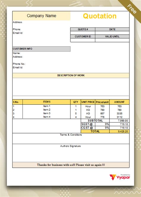 Quotation Format In Excel Download Free Templates