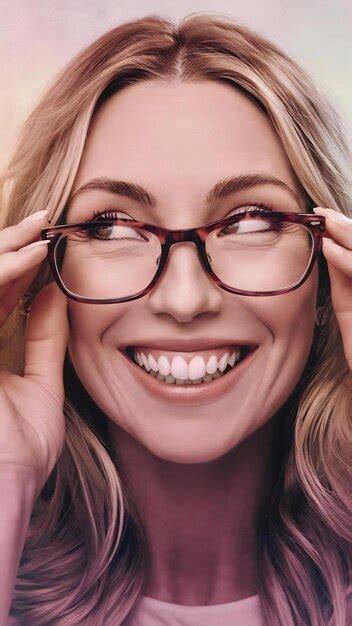Closeup Of Smiling Dreamy Woman Biting Glasses Arm Premium Ai