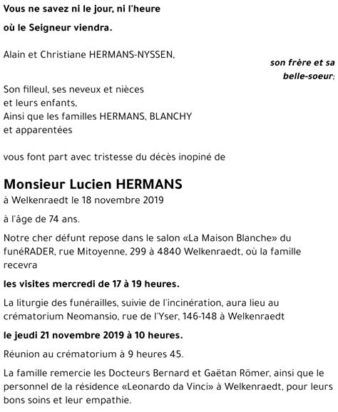 Avis De Décès De Lucien Hermans Décédé Le 18 11 2019 à Welkenraedt Annonce Condoléances