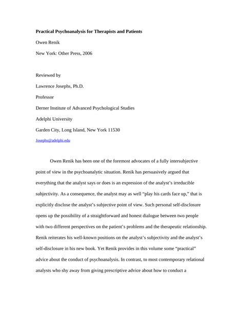 Pdf Owen Renik Practical Psychoanalysis For Therapists And Patients