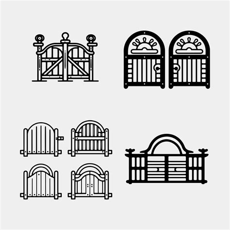 Set Line Classic Gate Gate With Wooden Fence Icon Isolated On Black And