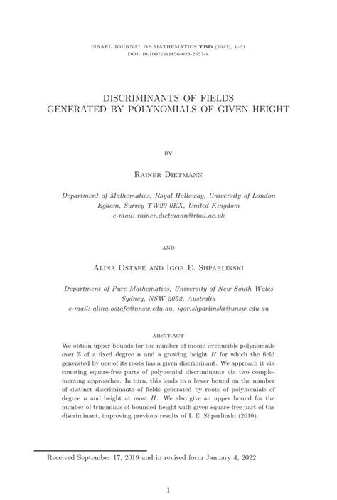 pdf discriminants of fields generated by polynomials of given height