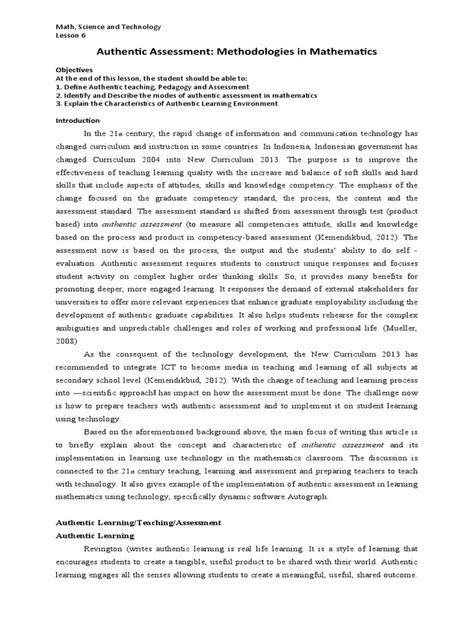 Mst Week 8 Lesson 6 Authentic Assessment In Mathematics Pdf