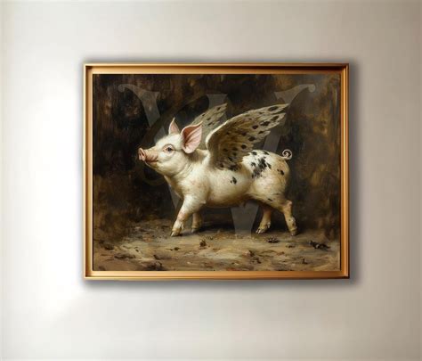 Flying Pig Oil Painting Style Print Surreal Pig Artwork Whimsical