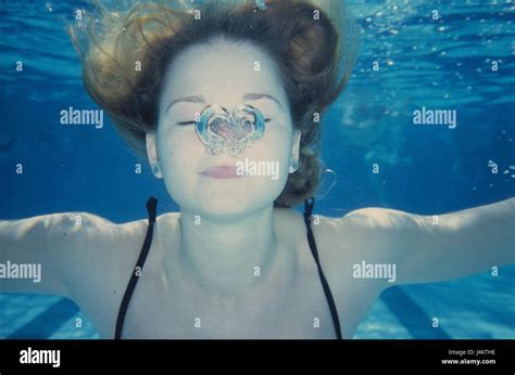 Swimming Pool Underwater Recording Woman Young Skin Dive Air Stock