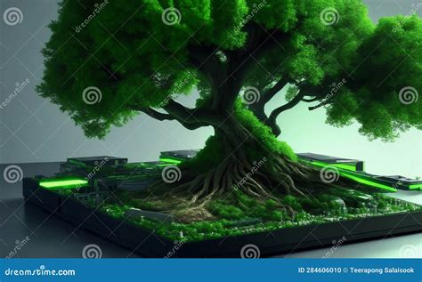 Green Tree Growing On Computer Motherboard Generative Ai Illustration Stock Illustration