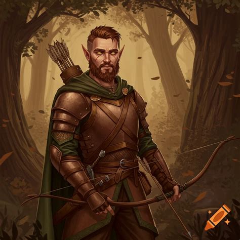 A Male Elf Ranger With A Beard And Golden Eyes Stands In A Forest