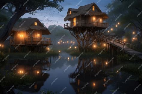 Premium Photo Twilight Misty Bog Treehouse Village With Interwoven