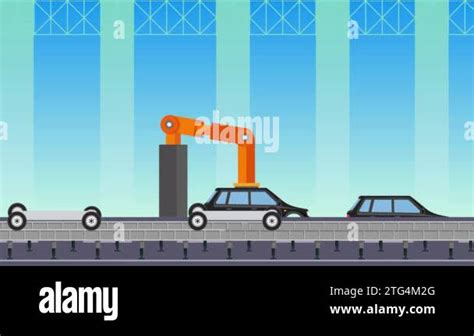 Car Assembly Factory Animation With Black Car Frame And Wheel
