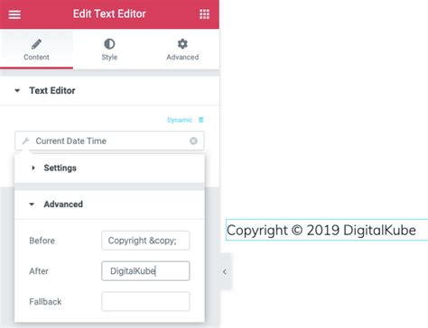 how to add dynamic current year in elementor footer