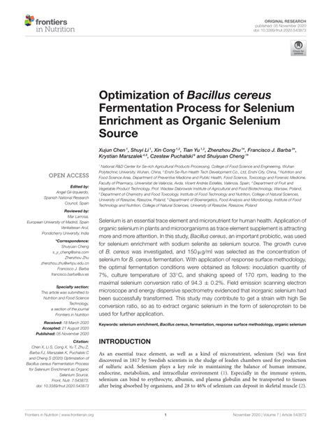 Pdf Optimization Of Bacillus Cereus Fermentation Process For Selenium