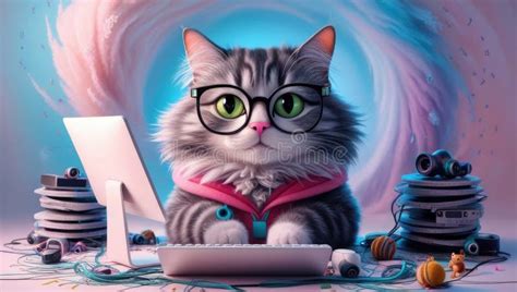 Adorable Cat Programmer With Glasses Coding On Laptop In Futuristic