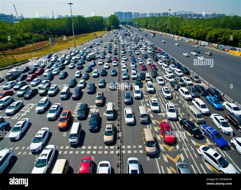 Aerial View Of Masses Of Vehicles During A Traffic Jam On An Expressway During The Labor Day