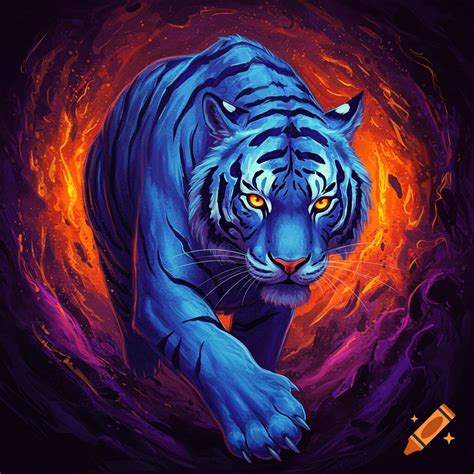 An Electric Blue Tiger With Orange Eyes Is Surrounded By Fiery Orange