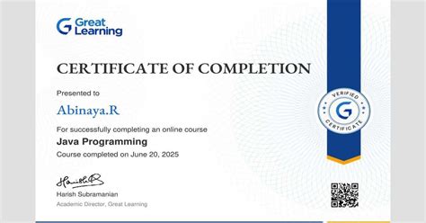 Java Programming Course Completion Certificate For Abinayar Abinaya Rengasamy