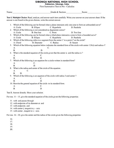 First Summative Test In Pre Calculus Sibonga National High School