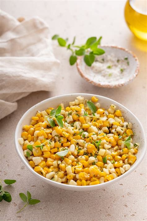 Sauteed Yellow And White Corn With Herbs Healthy Side Dish Idea Stock
