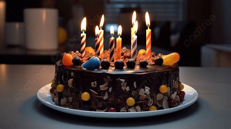 Chocolate Birthday Cake Having Candles With Some Candy Inside Background Picture Happy Birthday