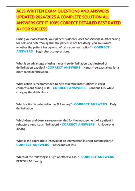 Acls Written Exam Questions And Answers Updated 2024 2025 A Complete Solution All Answers Get It
