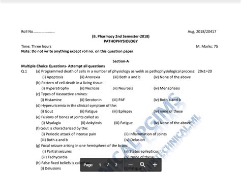 Bp204t Pathophysiologyquestion Paper 2018 B Pharmacy 2nd Semester