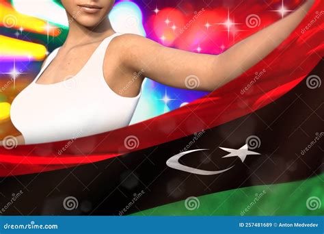 Woman Holds Libya Flag In Front On The Party Lights Flag Concept 3d