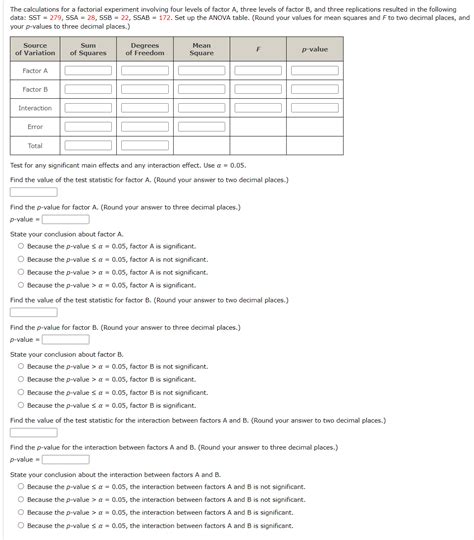 Solved The Calculations For A Factorial Experiment Involving
