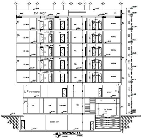 Front Sectional Elevation Of A Building In Autocad Dwg File Cadbull
