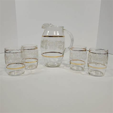 Vintage Bartlett Collins Juice Set Glass Pitcher 4 Glasses Golden Fruit
