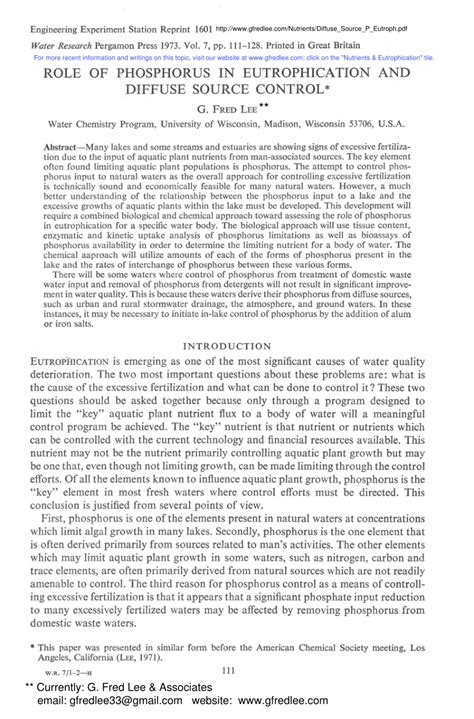 Pdf Role Of Phosphorus In Eutrophication And Diffuse Source Control