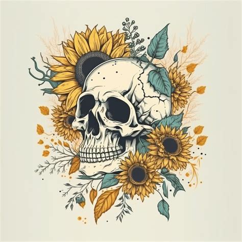 Premium Photo Skull And Sunflowers Tattoo Design Generative Ai