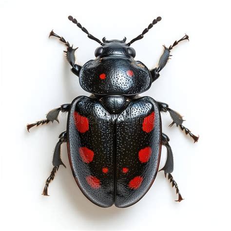 Black Beetle With Red Spots On White Background Detailed Macro