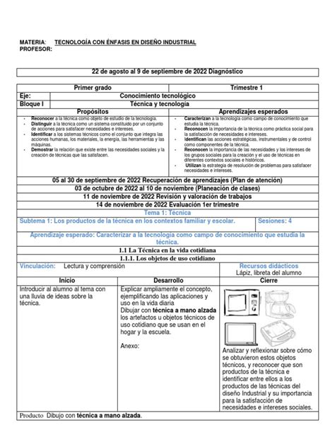 Planeacion 1er Trimestre 1ro Diseño Industrial Sec Tec Pdf Diseño