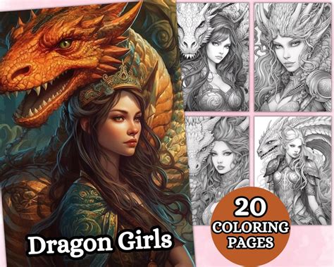 20 Beautiful Dragon Girls Coloring Page Book Grayscale Coloring Pages