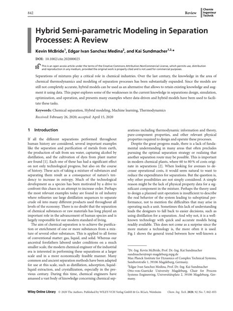 pdf hybrid semi‐parametric modeling in separation processes a review